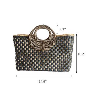 QTKJ Women Summer Retro Straw Bag with Zip Hand-woven Beach Handbag Top Round Handle Boho Tote Bag Shopping and Travel Large Bag (Black)