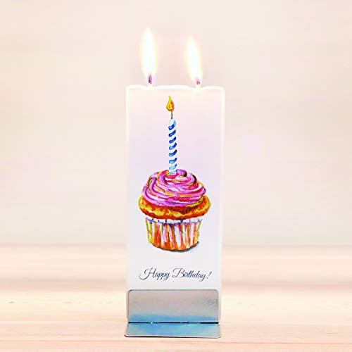 Flatyz Hand Painted Flat Candle - Happy Birthday Cupcake | Unique Birthday Gift | Unscented, Dripless, Smokeless, Decorative | Double Wick with Metal Base