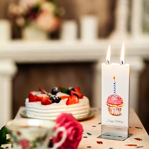 Flatyz Hand Painted Flat Candle - Happy Birthday Cupcake | Unique Birthday Gift | Unscented, Dripless, Smokeless, Decorative | Double Wick with Metal Base