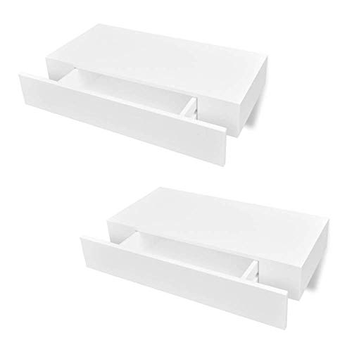 Festnight Pack of 2 MDF Floating Wall Display Shelf with Storage Drawer Wall Mounted Book DVD Storage Shelf for Living Room Home Office Decor 19" x 9.8" x 3.15" (W x D x H)