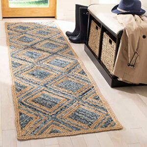 safavieh cape cod collection 2’3″ x 10′ natural / blue cap354a handmade flatweave diamond braided jute & denim runner rug