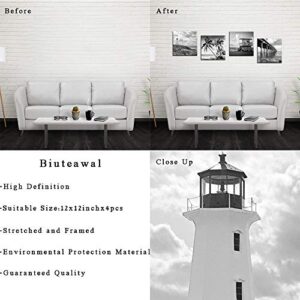 Biuteawal- 4 Piece Wall Art Back White Beach Picture Canvas Print Florida Coastline Lighthouse Lifeguard Tower Pier Poster Print Streched Framed Artwork Living Room Bedroom Bathroom Deco