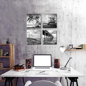 Biuteawal- 4 Piece Wall Art Back White Beach Picture Canvas Print Florida Coastline Lighthouse Lifeguard Tower Pier Poster Print Streched Framed Artwork Living Room Bedroom Bathroom Deco