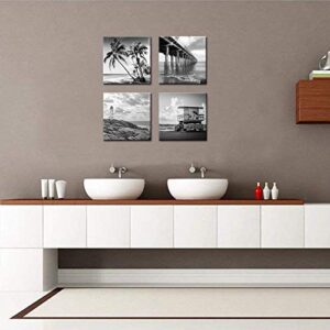 Biuteawal- 4 Piece Wall Art Back White Beach Picture Canvas Print Florida Coastline Lighthouse Lifeguard Tower Pier Poster Print Streched Framed Artwork Living Room Bedroom Bathroom Deco