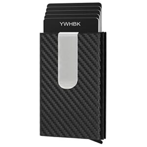 ywhbk men credit card holder, metal money clip,carbon fiber leather slim wallets for men, mens rfid blocking auto pop up front pocket small card case wallet (black)