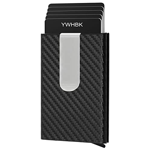 YWHBK Men Credit Card Holder, Metal Money Clip,Carbon Fiber Leather Slim Wallets for Men, Mens RFID Blocking Auto Pop up Front Pocket Small Card Case Wallet (black)