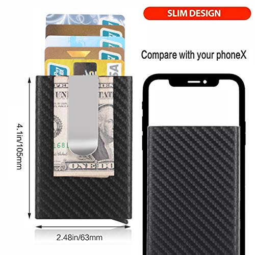 YWHBK Men Credit Card Holder, Metal Money Clip,Carbon Fiber Leather Slim Wallets for Men, Mens RFID Blocking Auto Pop up Front Pocket Small Card Case Wallet (black)