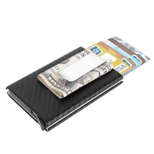 YWHBK Men Credit Card Holder, Metal Money Clip,Carbon Fiber Leather Slim Wallets for Men, Mens RFID Blocking Auto Pop up Front Pocket Small Card Case Wallet (black)