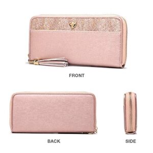 FOXER Women RFID Blocking Leather Wallet Bifold Wallet Clutch Wallet with Wristlet Card Holder (Rose Gold)