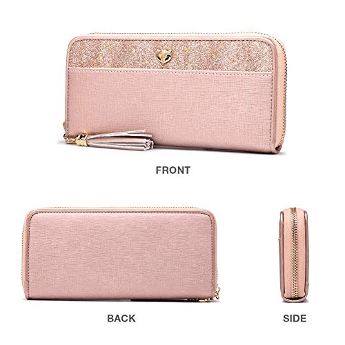 FOXER Women RFID Blocking Leather Wallet Bifold Wallet Clutch Wallet with Wristlet Card Holder (Rose Gold)