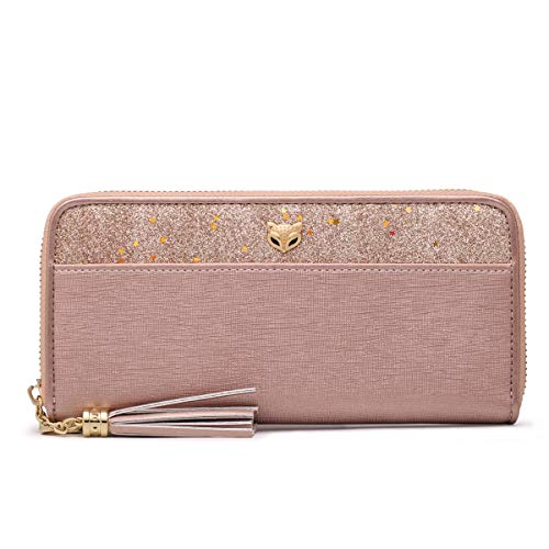 FOXER Women RFID Blocking Leather Wallet Bifold Wallet Clutch Wallet with Wristlet Card Holder (Rose Gold)