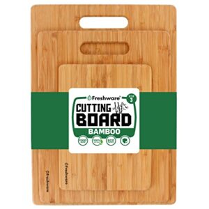 bamboo cutting boards for kitchen [set of 3] wood cutting board for chopping meat, vegetables, fruits, cheese, knife friendly serving tray with handles