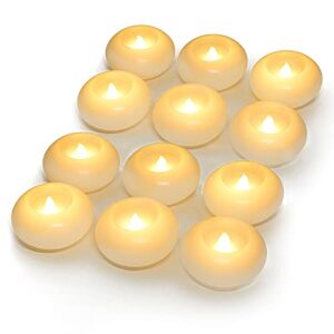 homemory 3 inch flameless floating candles, 100 hour, white wax, battery flickering waterproof tealights – wedding centerpiece, engagement, dinner parties, beach parties, home decor, set of 12