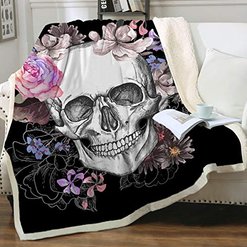 Sleepwish Sugar Skull Blanket Fleece Skull Throw Blanket Black Pink Skull Flower Rose Blanket for Women Girl Skull Fuzzy Sherpa Plush Blanket for Bed Couch Sofa Chair Office (50"x 60")