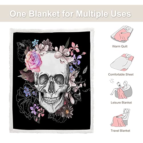 Sleepwish Sugar Skull Blanket Fleece Skull Throw Blanket Black Pink Skull Flower Rose Blanket for Women Girl Skull Fuzzy Sherpa Plush Blanket for Bed Couch Sofa Chair Office (50"x 60")