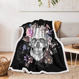 Sleepwish Sugar Skull Blanket Fleece Skull Throw Blanket Black Pink Skull Flower Rose Blanket for Women Girl Skull Fuzzy Sherpa Plush Blanket for Bed Couch Sofa Chair Office (50"x 60")