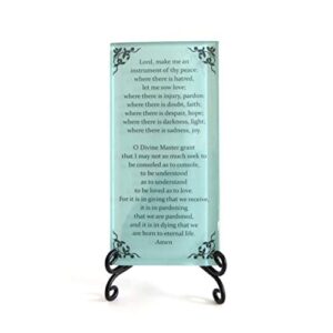 the prayer of st. francis inspirational glass plaque. beloved prayer provides encouragement for all. includes folding easel. by lifeforce glass. seafoam.