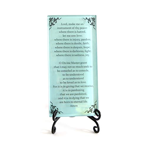 The Prayer of St. Francis Inspirational Glass Plaque. Beloved Prayer Provides Encouragement For All. Includes Folding Easel. By Lifeforce Glass. Seafoam.