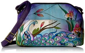 anna by anuschka women’s genuine leather medium multi-compartment crossbody | hand painted original artwork | midnight peacock