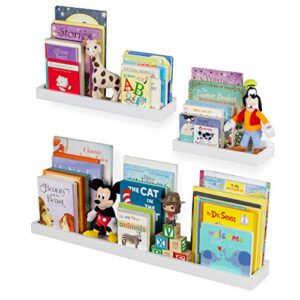 wallniture philly floating bookshelves for kids room decor, varying sizes white bookshelf set of 3 for living room, bathroom storage shelf