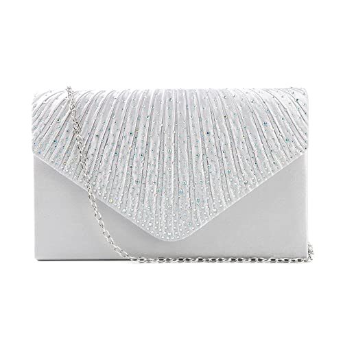 Jubileens Ladies Large Evening Satin Bridal Diamante Ladies Clutch Bag Party Prom Envelope (Silver) Small