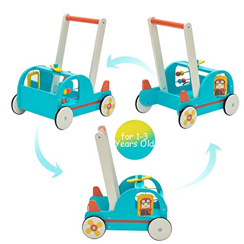 Blue Aircraft Wooden Baby Push Walker - 2-in-1 Toddler Push & Pull Toys Learning Walker Stroller Walker with Wheels for Baby Girls Boys 1-3 Years Old