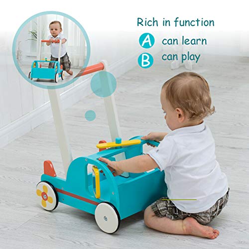 Blue Aircraft Wooden Baby Push Walker - 2-in-1 Toddler Push & Pull Toys Learning Walker Stroller Walker with Wheels for Baby Girls Boys 1-3 Years Old