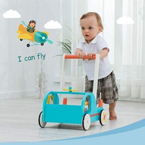 Blue Aircraft Wooden Baby Push Walker - 2-in-1 Toddler Push & Pull Toys Learning Walker Stroller Walker with Wheels for Baby Girls Boys 1-3 Years Old