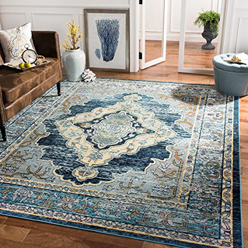 SAFAVIEH Crystal Collection 7' Square Blue / Yellow CRS500M Boho Chic Oriental Medallion Distressed Non-Shedding Living Room Bedroom Dining Home Office Area Rug