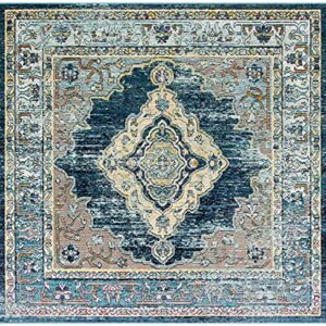 SAFAVIEH Crystal Collection 7' Square Blue / Yellow CRS500M Boho Chic Oriental Medallion Distressed Non-Shedding Living Room Bedroom Dining Home Office Area Rug