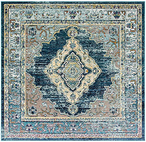 SAFAVIEH Crystal Collection 7' Square Blue / Yellow CRS500M Boho Chic Oriental Medallion Distressed Non-Shedding Living Room Bedroom Dining Home Office Area Rug