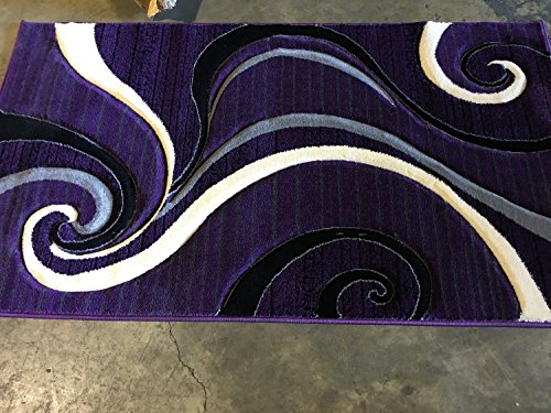 Modern Purple,Black & Grey Door Mat Contemporary Area Rug Swirl Contempo 344 (2 Feet X 3 Feet 4 inch)