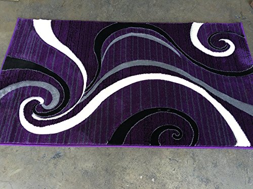 Modern Purple,Black & Grey Door Mat Contemporary Area Rug Swirl Contempo 344 (2 Feet X 3 Feet 4 inch)