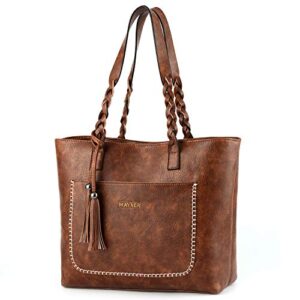 women tote bags retro shoulder bag purse satchel hobo purse zippred waterproof travel handbags with tassel (light brown)