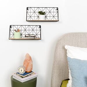 Greenco Geometric Mounted Floating, Home Decor, Metal Wire and Rustic Wood Wall Storage Shelves for Bedroom, Living Room, Bathroom, Kitchen, Office and More – Set of 2