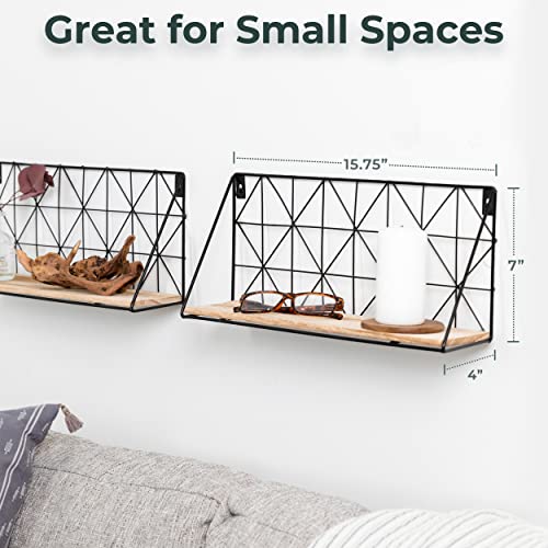 Greenco Geometric Mounted Floating, Home Decor, Metal Wire and Rustic Wood Wall Storage Shelves for Bedroom, Living Room, Bathroom, Kitchen, Office and More – Set of 2