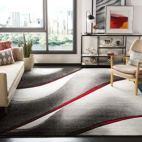 SAFAVIEH Hollywood Collection 6'7" x 9' Grey / Red HLW712K Mid-Century Modern Non-Shedding Living Room Bedroom Dining Home Office Area Rug