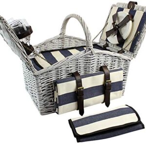 HappyPicnic 'Huntsman' Willow Picnic Hamper for 4 Persons with 'Built-in' Insulated Cooler, Wicker Picnic Basket with Canvas Stripe Lining, Willow Picnic Set, Picnic Gift Basket (Navy Stripe)