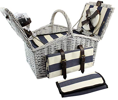 HappyPicnic 'Huntsman' Willow Picnic Hamper for 4 Persons with 'Built-in' Insulated Cooler, Wicker Picnic Basket with Canvas Stripe Lining, Willow Picnic Set, Picnic Gift Basket (Navy Stripe)