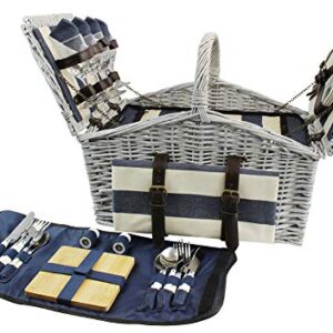 HappyPicnic 'Huntsman' Willow Picnic Hamper for 4 Persons with 'Built-in' Insulated Cooler, Wicker Picnic Basket with Canvas Stripe Lining, Willow Picnic Set, Picnic Gift Basket (Navy Stripe)