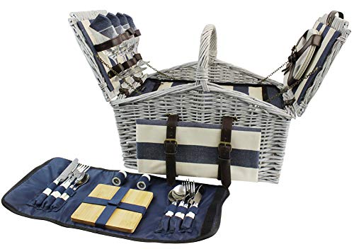 HappyPicnic 'Huntsman' Willow Picnic Hamper for 4 Persons with 'Built-in' Insulated Cooler, Wicker Picnic Basket with Canvas Stripe Lining, Willow Picnic Set, Picnic Gift Basket (Navy Stripe)