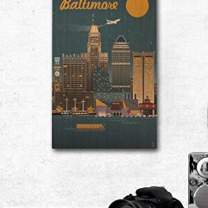 Baltimore, Maryland, Retro Skyline Birch Wood Wall Sign (12x18 Rustic Home Decor, Ready to Hang Art)