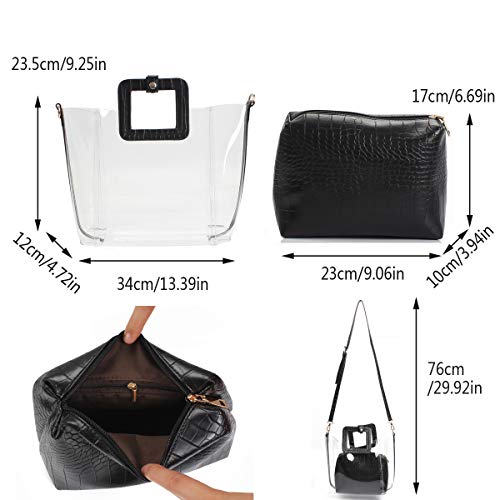 Poxas Classic PVC Jelly Bag Waterproof Clear Purse Tote Handbag Beach Shoulder Bags (Black)