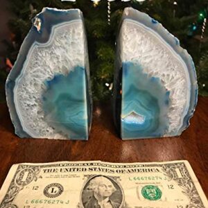 AMOYSTONE Teal Agate Bookends Geode Book Ends Heavy Duty Bookend Holder Decor with Rubber Bumpers Small(1 Pair, 2-3 LBS)