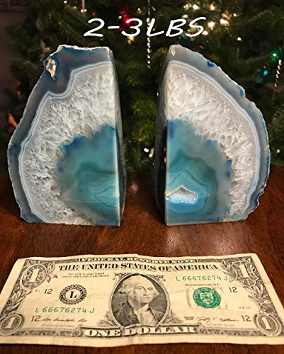 AMOYSTONE Teal Agate Bookends Geode Book Ends Heavy Duty Bookend Holder Decor with Rubber Bumpers Small(1 Pair, 2-3 LBS)