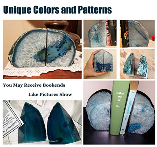 AMOYSTONE Teal Agate Bookends Geode Book Ends Heavy Duty Bookend Holder Decor with Rubber Bumpers Small(1 Pair, 2-3 LBS)