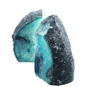 AMOYSTONE Teal Agate Bookends Geode Book Ends Heavy Duty Bookend Holder Decor with Rubber Bumpers Small(1 Pair, 2-3 LBS)