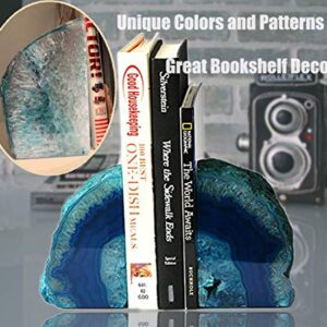 AMOYSTONE Teal Agate Bookends Geode Book Ends Heavy Duty Bookend Holder Decor with Rubber Bumpers Small(1 Pair, 2-3 LBS)