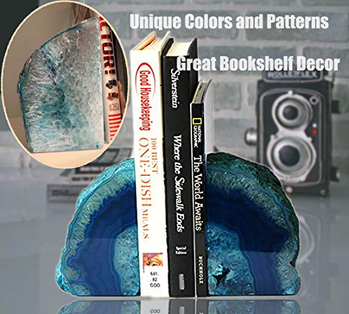 AMOYSTONE Teal Agate Bookends Geode Book Ends Heavy Duty Bookend Holder Decor with Rubber Bumpers Small(1 Pair, 2-3 LBS)