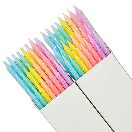 Multicolored Pastel Thin Birthday Cake Candles in Holders (3 in., 48 Pack)